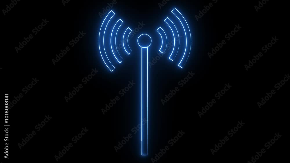 glowing neon blue color antenna animation icon signal internet network ...