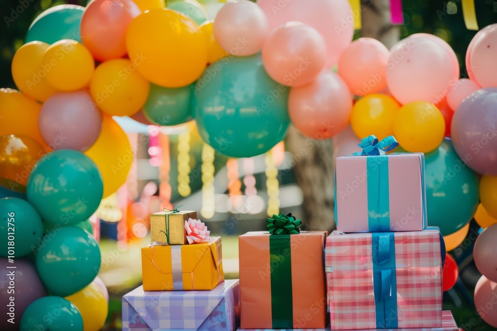 A playful arch of balloons and colorful gift boxes set the scene for a ...
