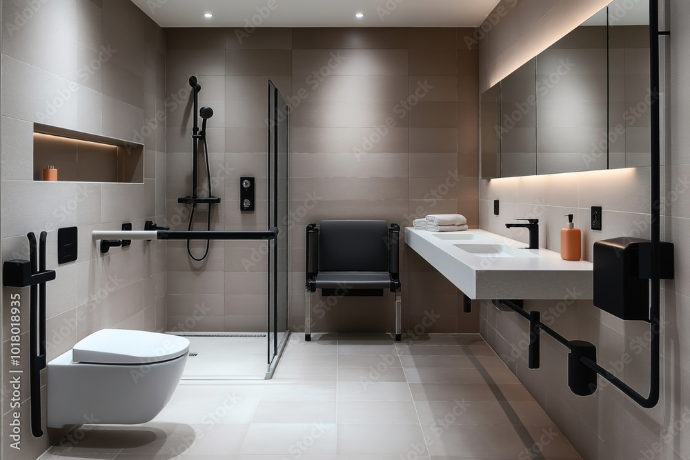 Modern accessible bathroom with beige tiles, a wall-mounted toilet ...