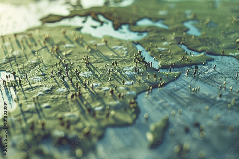 A 3D render showing a topographical map with tiny human figures casting ...