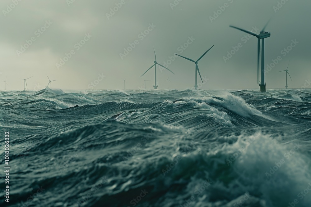 In a stormy sea, wind turbines rise gracefully amid turbulent waves ...