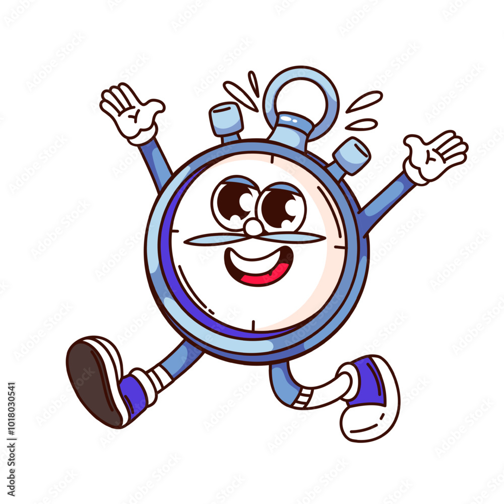 Groovy timer cartoon character running fast. Funny retro blue stopwatch ...