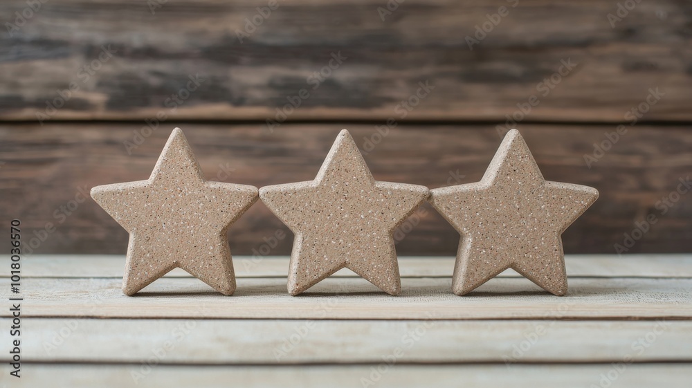 Three textured star shapes in a row against a rustic wooden background ...