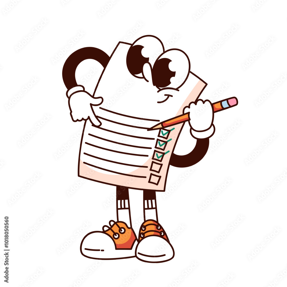 Groovy paper list cartoon character holding pencil to check tick of ...
