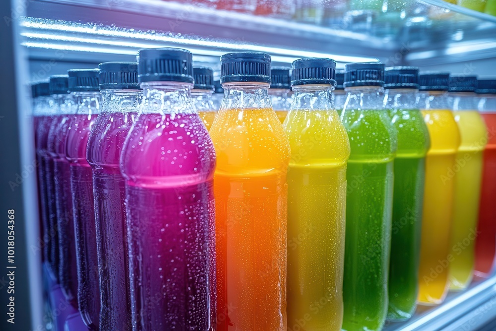 Colorful bottles of soft drinks lined up in a refrigerator, showcasing ...