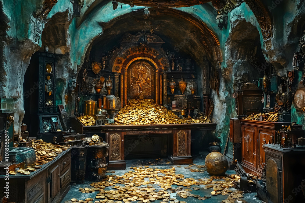 A Hidden Treasure Room Filled With Piles Of Gold Coins, Ornate ...