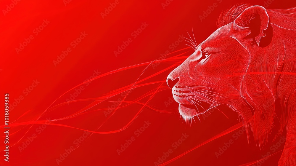 Majestic Lion with Swirling Ribbons Against a Bold Red Background ...