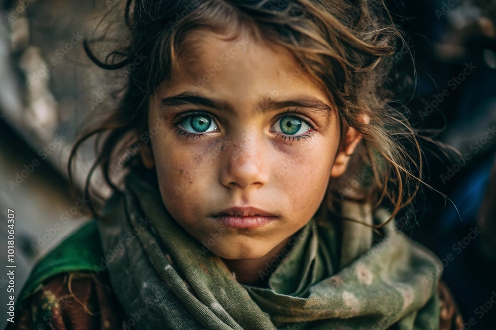 Hunger, poverty. Portrait of a beautiful dirty beggar girl with ...