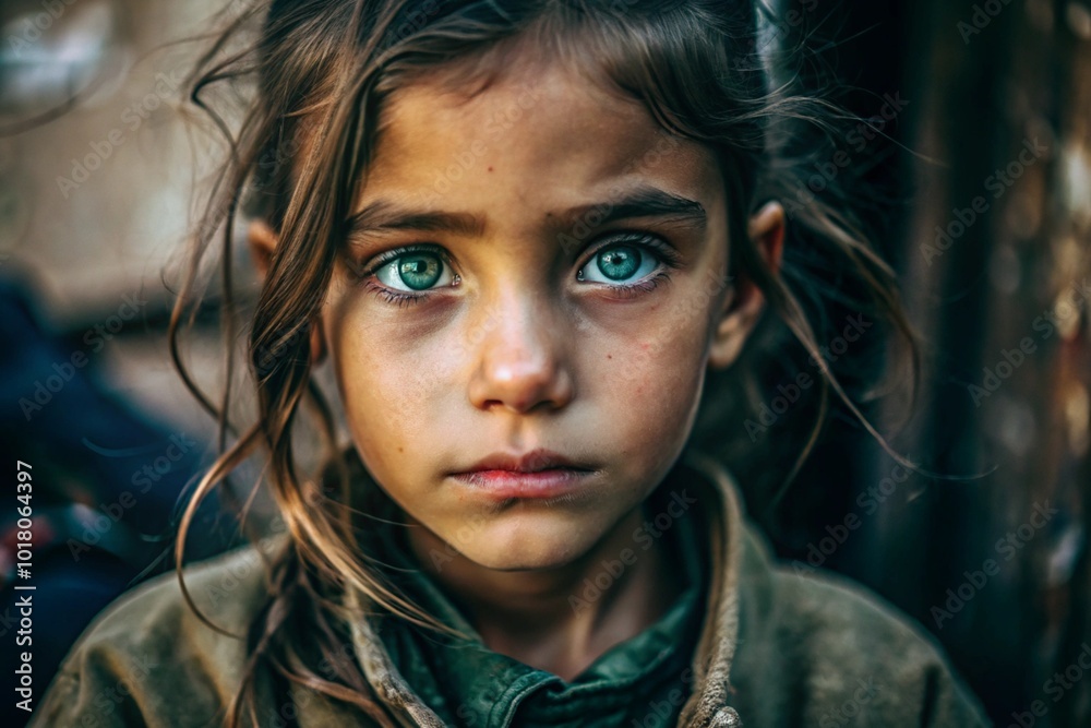 Hunger, poverty. Portrait of a beautiful dirty beggar girl with ...