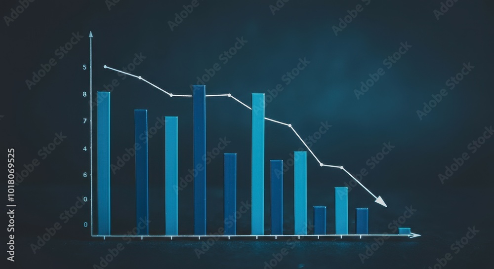 Bar graph with line overlay shows declining trend against dark ...