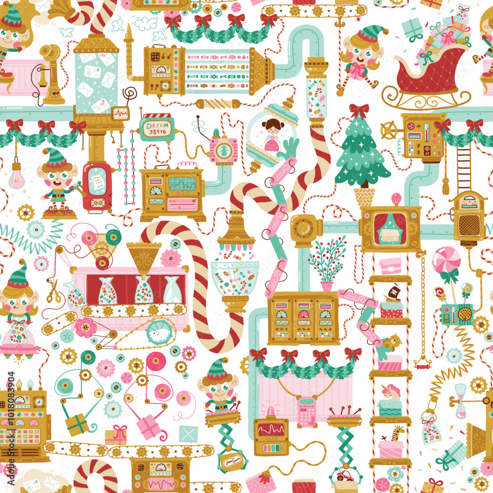 Christmas factory seamless pattern with elves packing gifts for ...