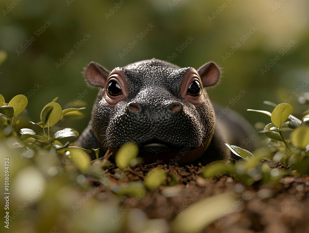 This charming close-up portrait features an adorable pygmy hippo amidst ...