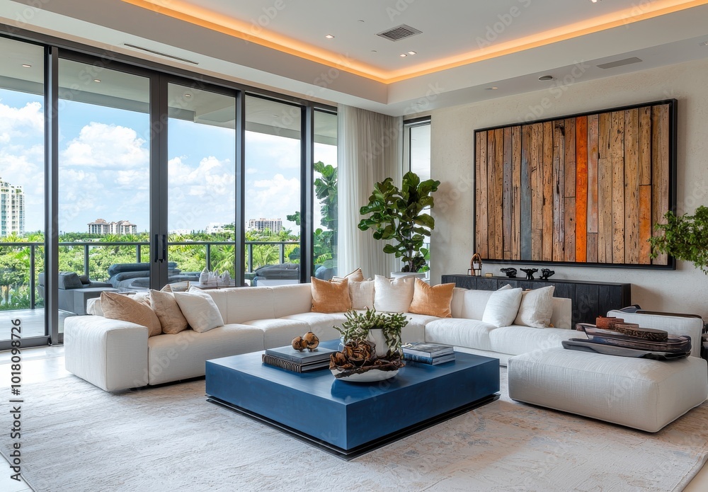 Spacious modern living room with a large sectional sofa and blue coffee ...