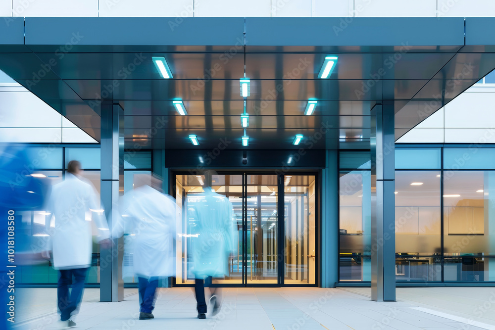 The modern entrance of a city hospital featuring glass doors, a canopy ...
