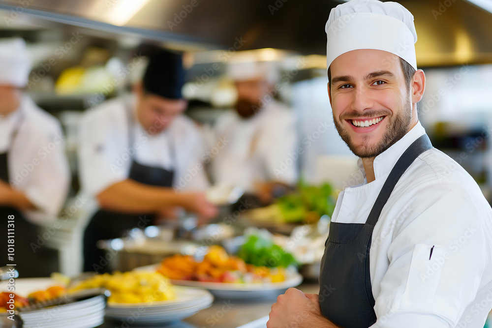 Young, confident restaurant supervisor smiles in a busy kitchen as his ...