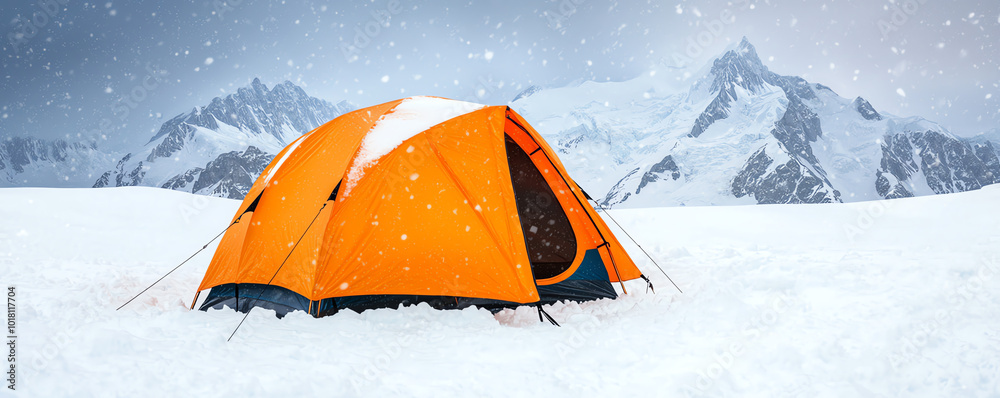 Adventurers setting up a winter camping tent in a heavy snowstorm ...