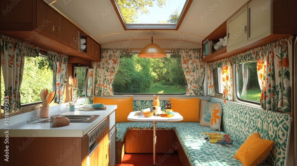 A vintage 70s caravan interior transformed into a cozy camper space ...