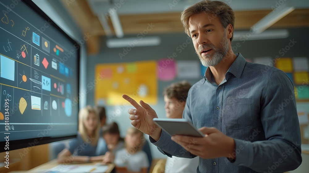 Teacher using interactive smartboard for a classroom lesson with ...