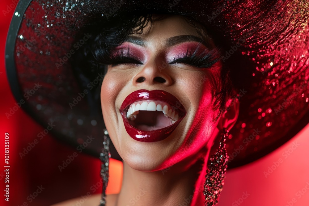 Glamorous drag queen laughing happily while isolated on a transparent ...