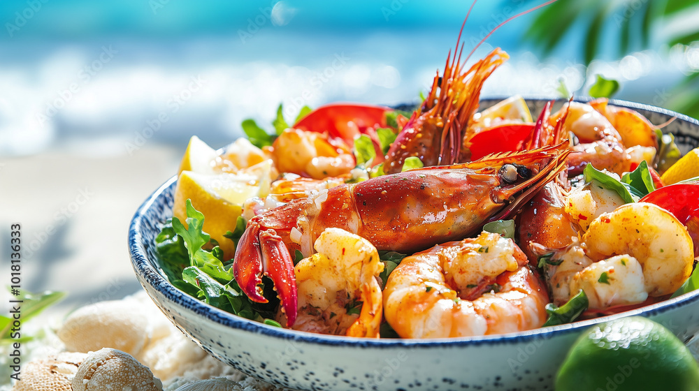 A juicy plate of seafood against a beach backdrop. The dish features ...