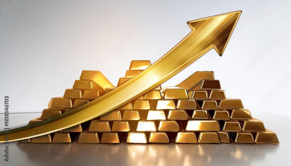 golden upward-trending arrow curving over a pyramid of gold bars ...