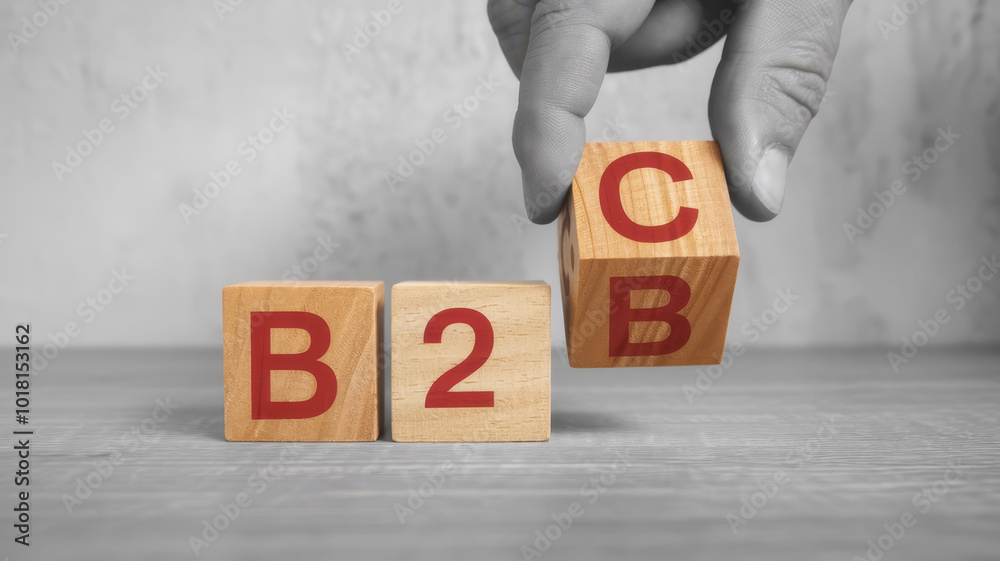 Hand placing wooden blocks B2B and C on a table, symbolizing business ...