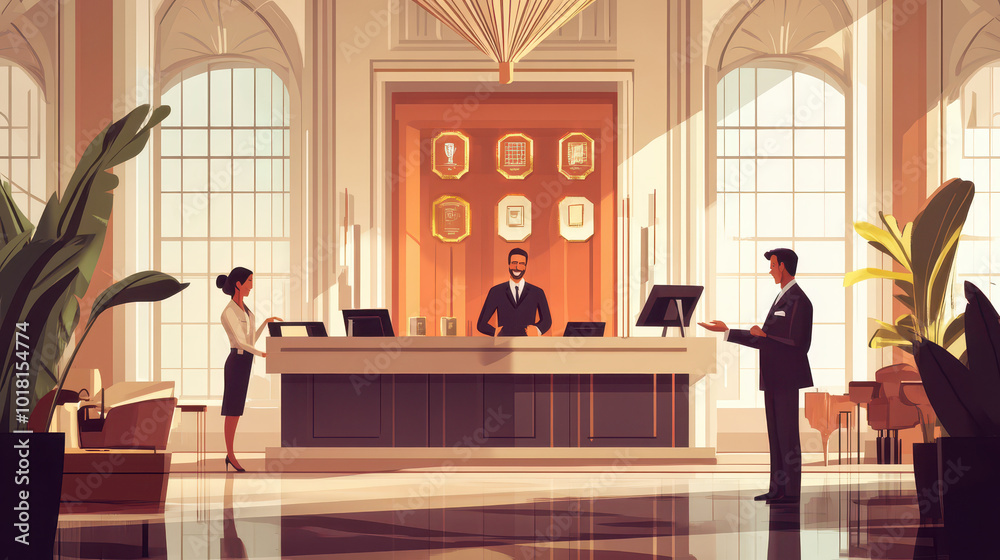 Inviting hotel lobby illustration featuring a smiling concierge and ...