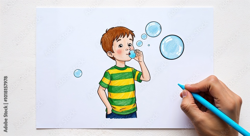 Hand drawing clipart of a boy blowing bubbles outside on plain white ...