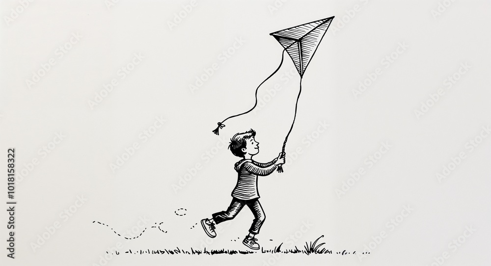 Hand drawing clipart of a boy flying kite on plain white background ...