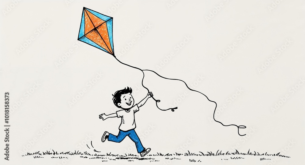Hand drawing clipart of a boy flying kite on plain white background ...