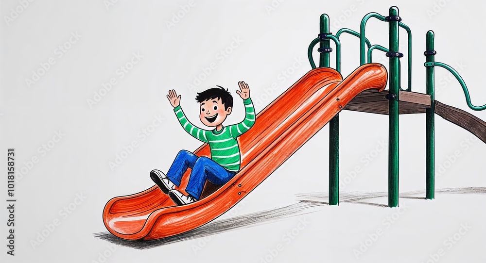 Hand drawing clipart of a boy sliding down playground slide on plain ...