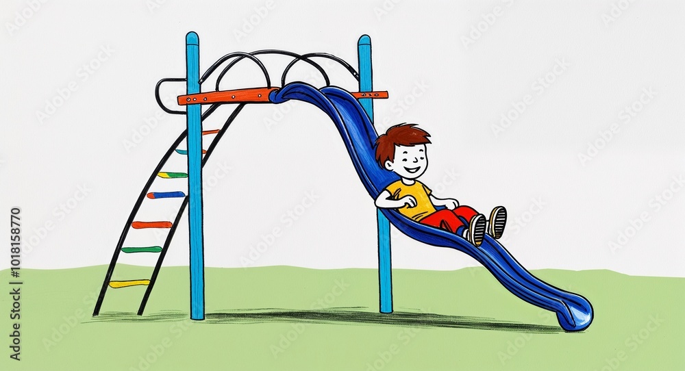 Hand drawing clipart of a boy sliding down playground slide on plain ...