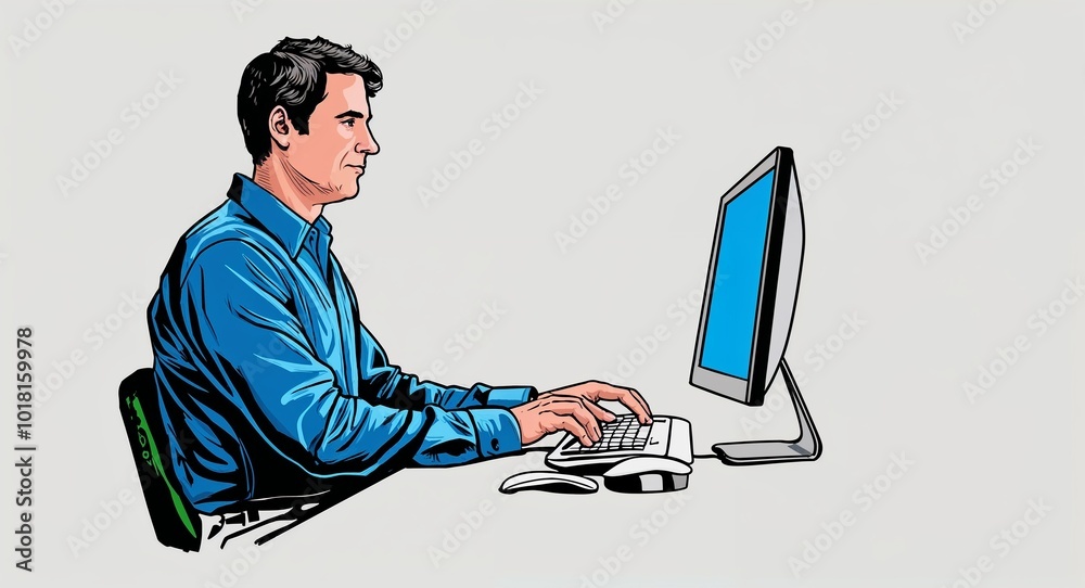 Hand drawing clipart of a father working on computer on plain white ...