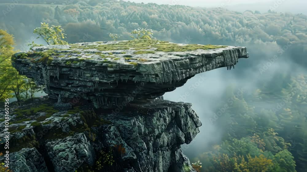 A rocky cliff overhangs a misty valley, creating a surreal landscape ...