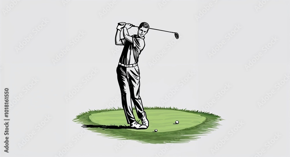 Hand drawing clipart of a man playing golf with club on plain white ...