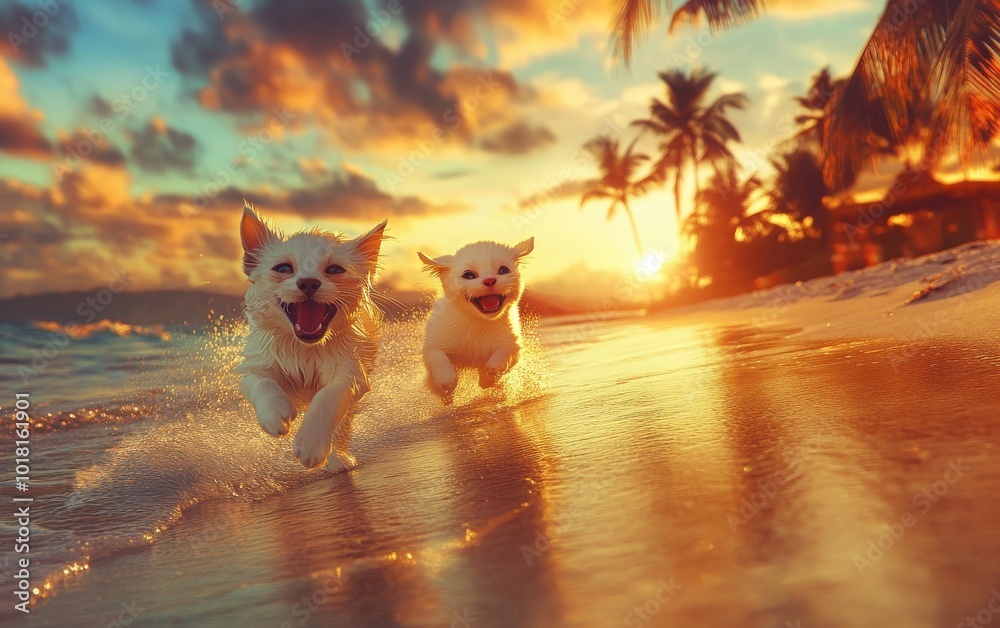 Dog and cat running and playing on the beach, sunset over tropical ...