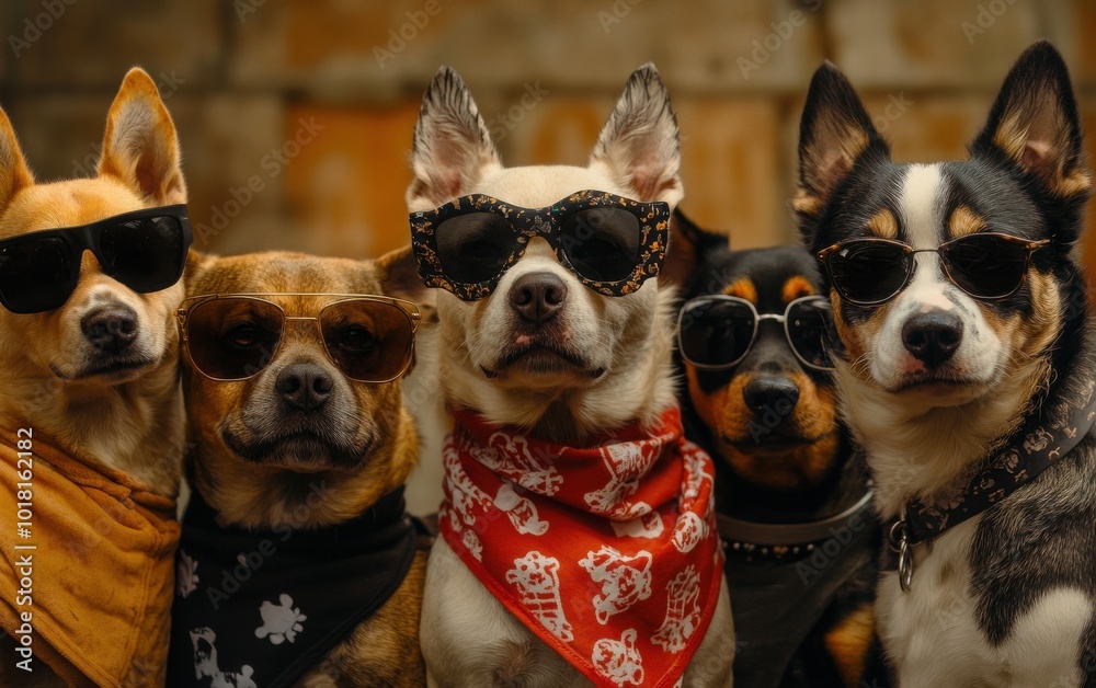 Funny cool group of gang dogs in sunglasses bandana posing for studio ...