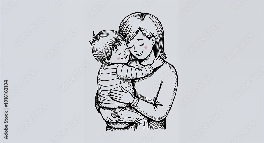 Hand drawing clipart of a mother hugging child warmly on plain white ...