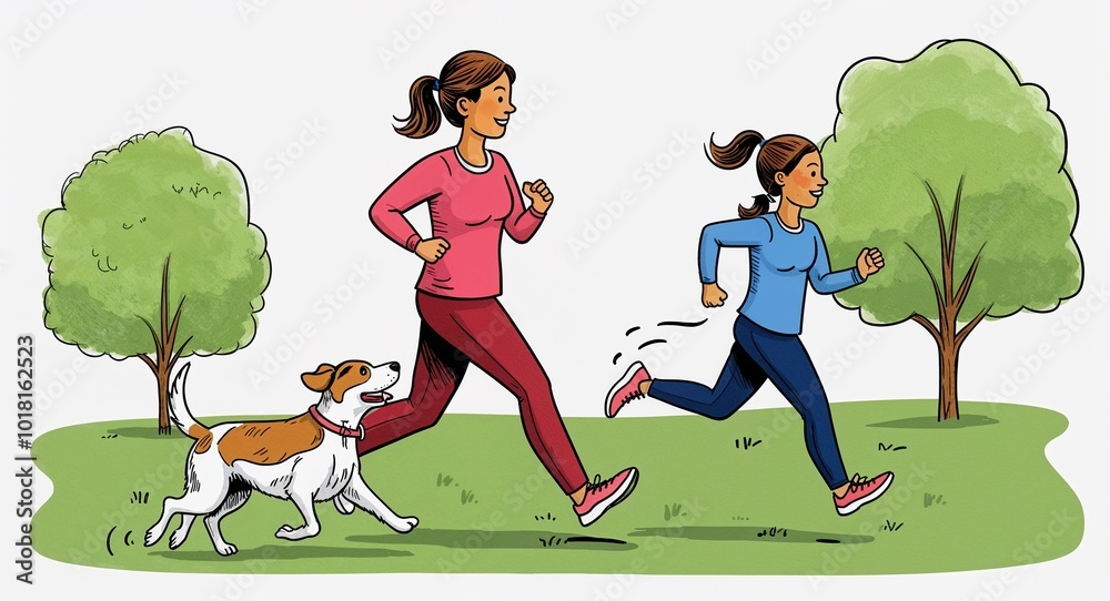Hand drawing clipart of a mother running with dog in park on plain ...