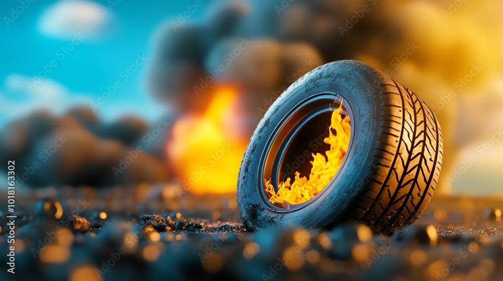 Single tire burning in an industrial setting, with black smoke pouring ...