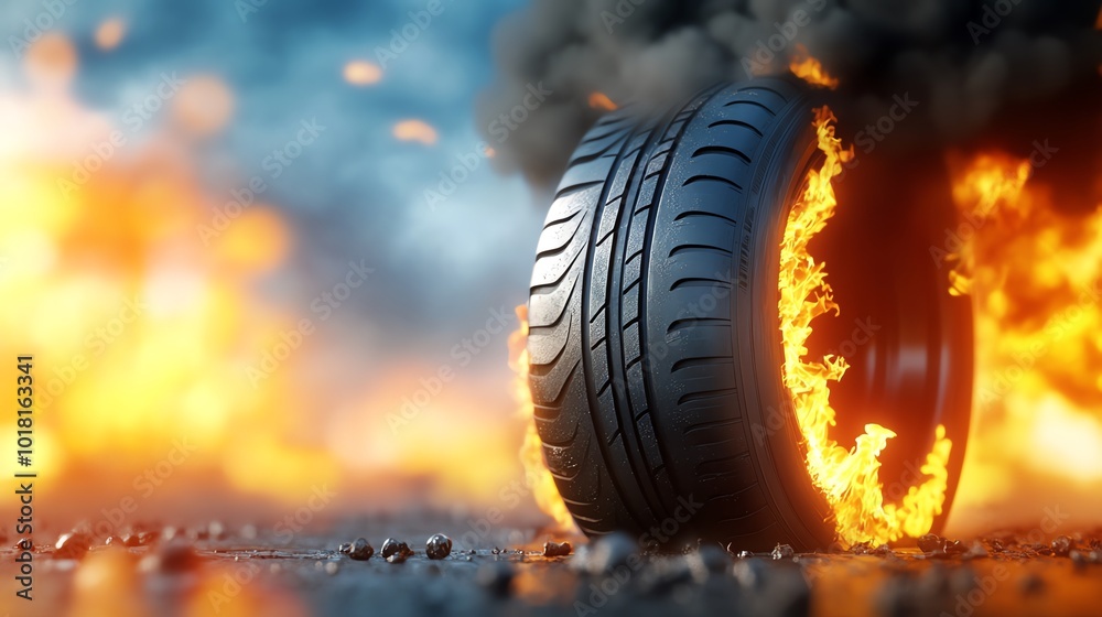 Single tire engulfed in flames, with black smoke swirling around ...