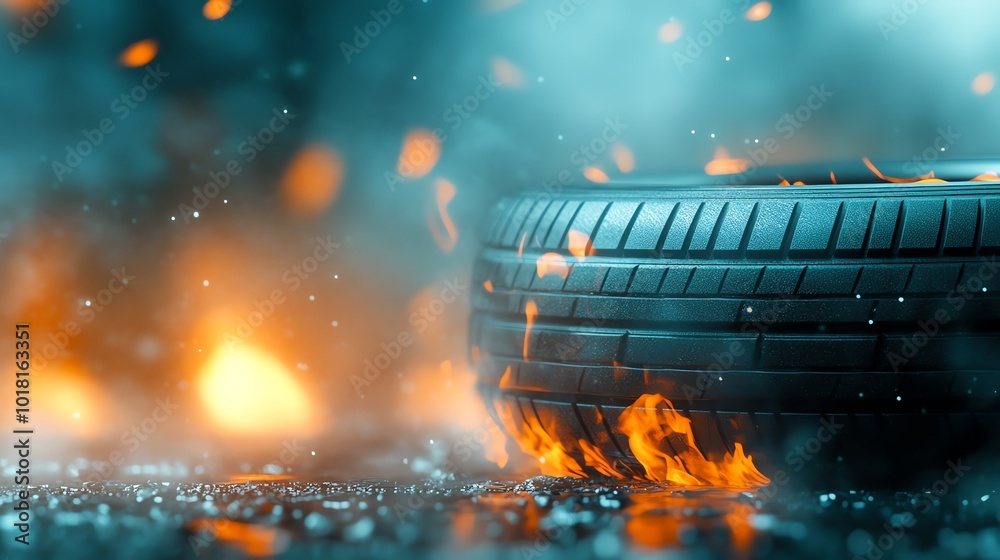 Tire fire in an urban area, with black smoke billowing and bright ...