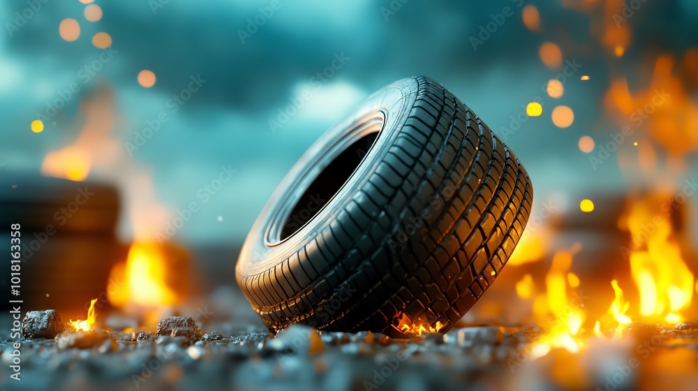 Tire fire in an urban area, with black smoke billowing and bright ...