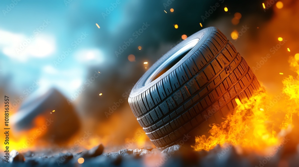 Tires melting in the heat of a fire, with black smoke rising and flames ...