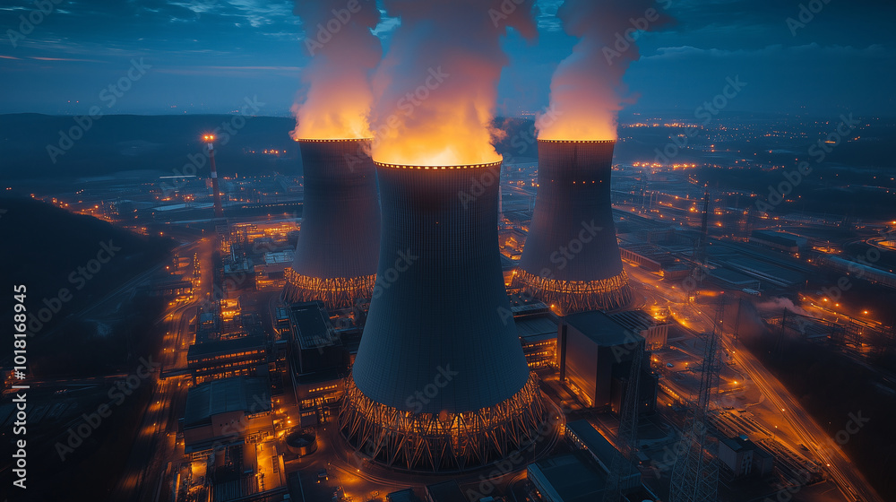 A nuclear power plant at night, with three large towers and glowing ...