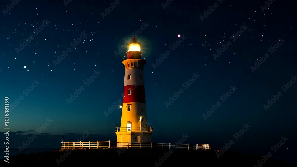 The brightly lit lighthouse stands tall in the darkness, casting a ...