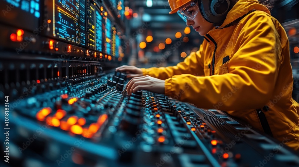 Employee working with a programmable logic controller PLC in a factory ... Employee working with a programmable logic controller PLC in a factory ...