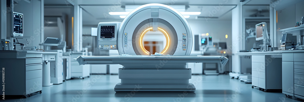 Sophisticated medical scanning machine such as MRI or CT scanner in a ...