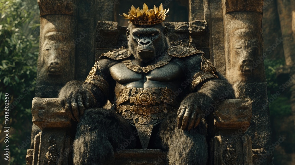 A powerful gorilla king wearing armor, a royal robe, and a crown made ...