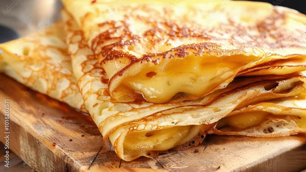 Thin golden crepes are filled with melted cheese and stacked on top of ...